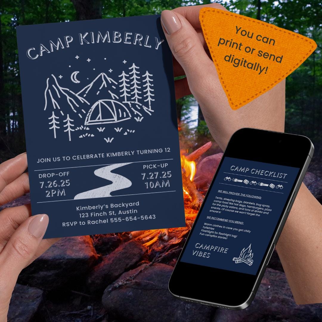 Camping Party Invitation Canva Template – Editable Outdoor Birthday ...