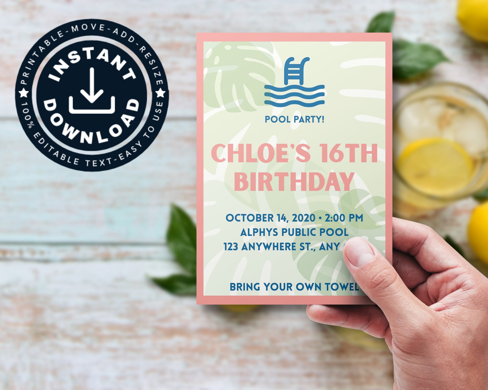 Tropical Themed Pool Party Invitation - 5X7 - Editable Using Templett ...