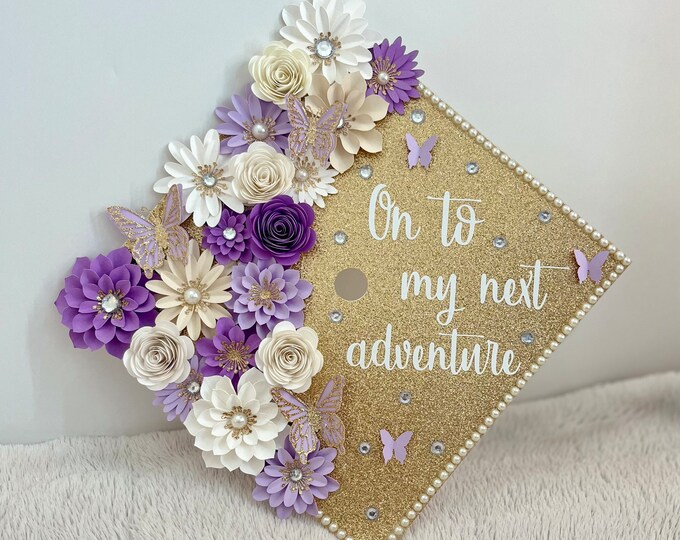 Purple/gold Graduation Cap Topper | Paper Flowers | Paper Butterflies ...