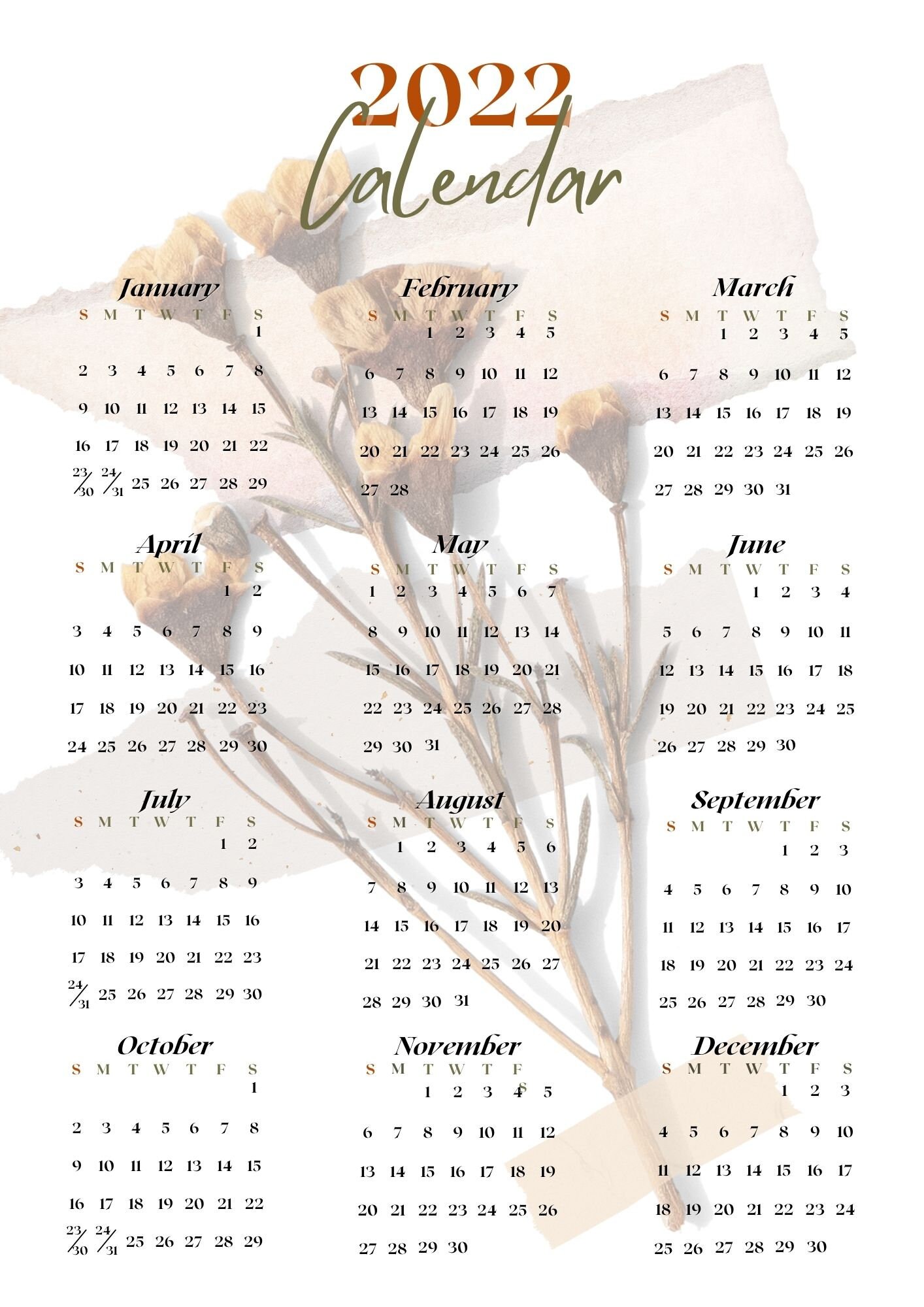 Printable 2022 Yearly Calendar | Dired Flower Boho Design |clean and ...