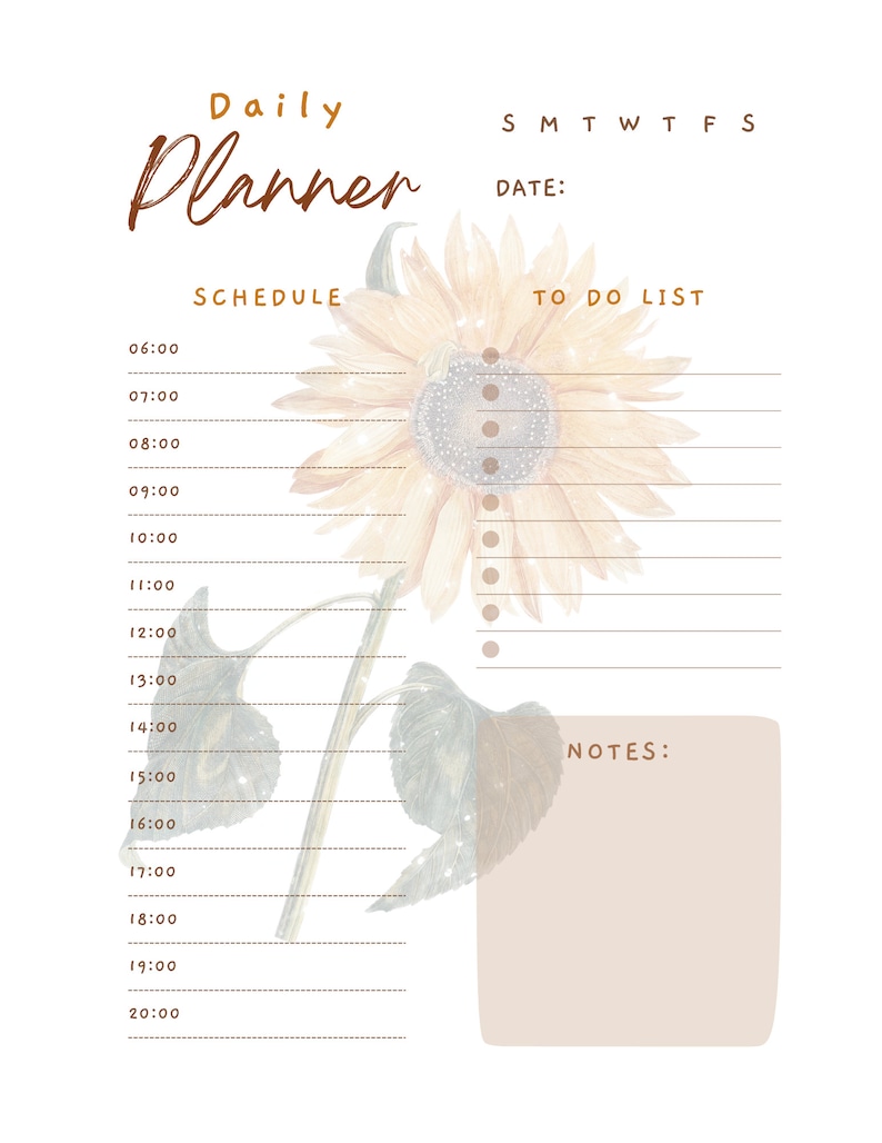 Daily Planner, Printable, Sunflower, Yellow, Blank - Etsy