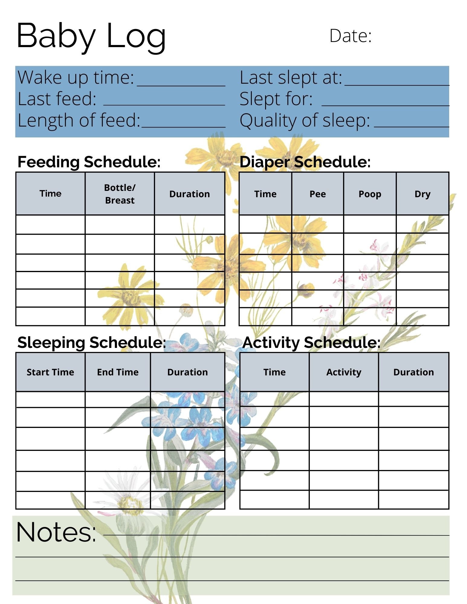 Printable Baby Log Newborn Tracker and Nanny Log Babysitter Log ...