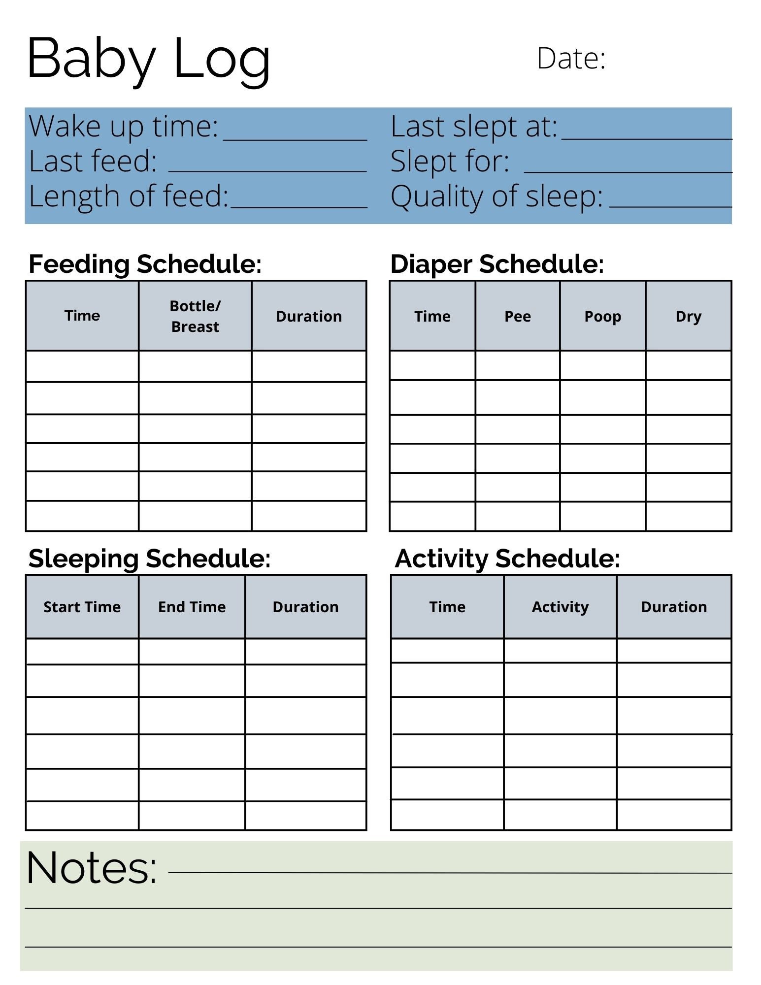 Printable Baby Log | Newborn Tracker and Nanny Log | Babysitter Log ...