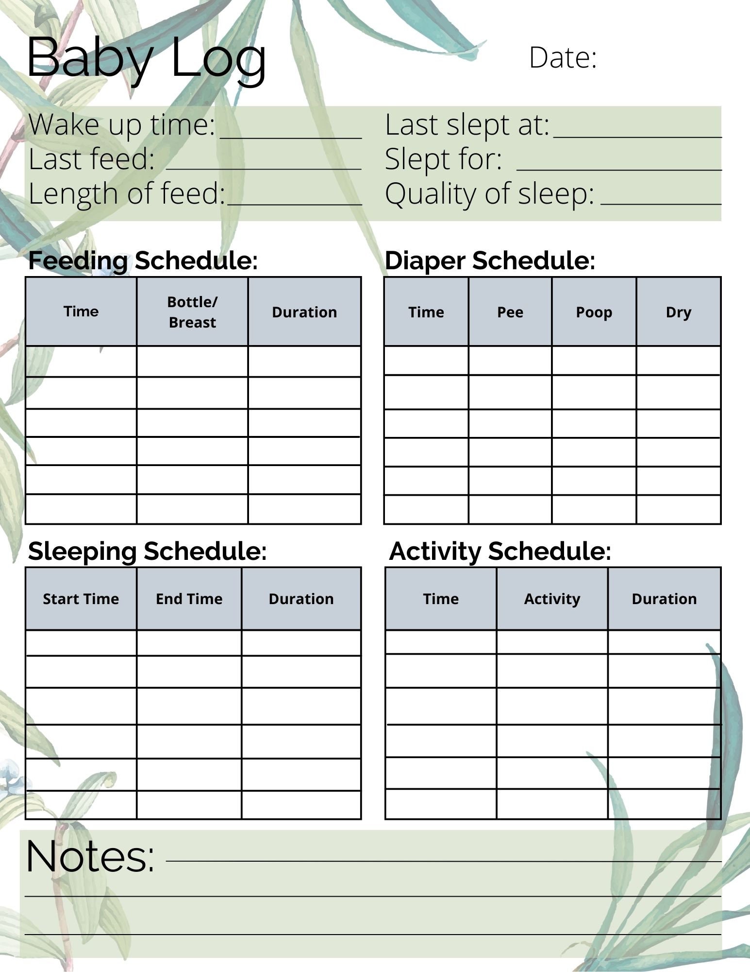 Printable Baby Log | Newborn Tracker and Nanny Log | Babysitter Log ...