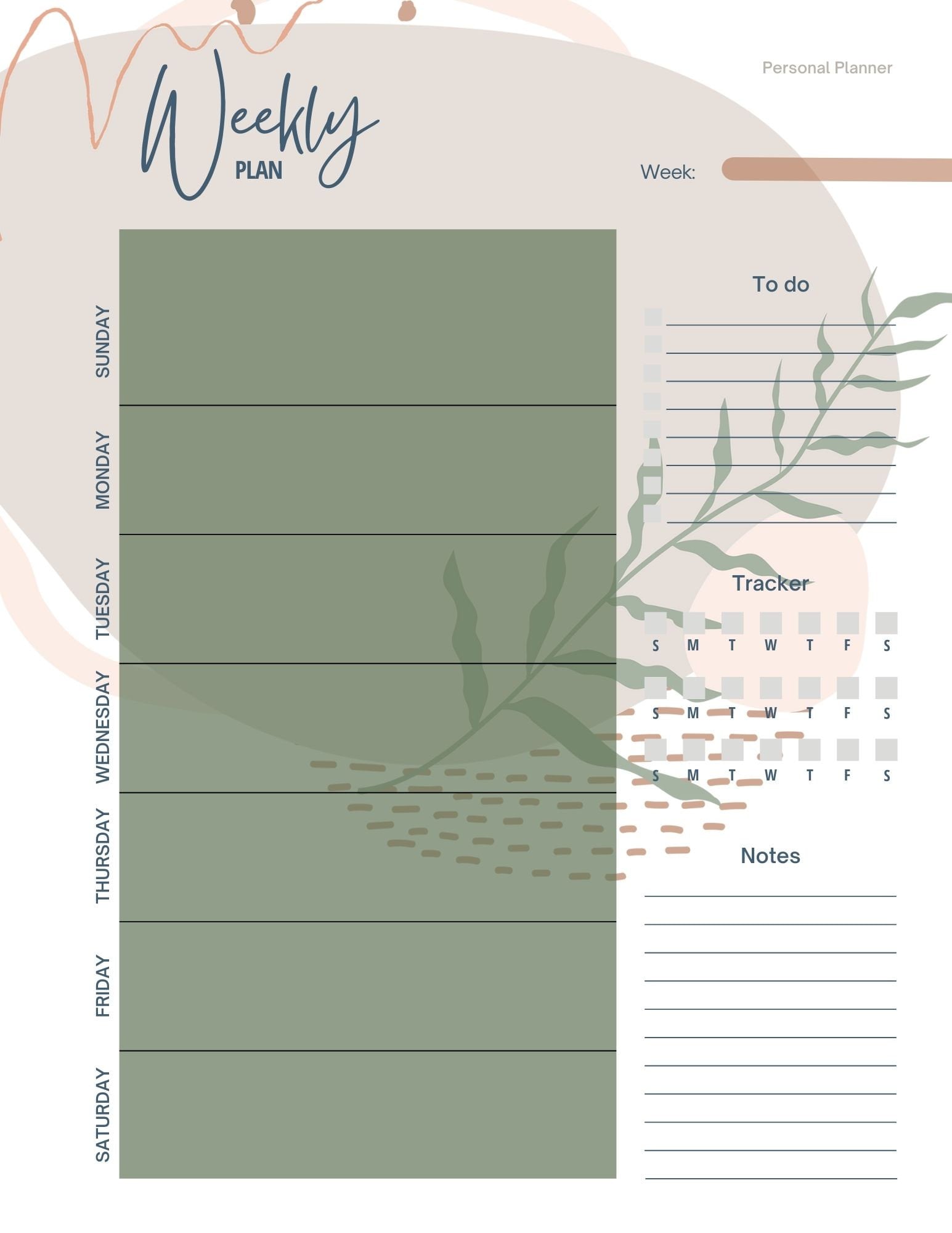 Printable Weekly Planner | Week at a Glance| Neutral Aesthetic| Green ...