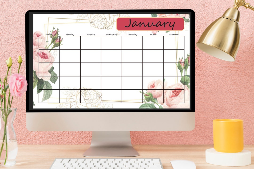Printable Calendar | Blank |12 Month | 8.5 X 14 | Pink Elegant Flower ...