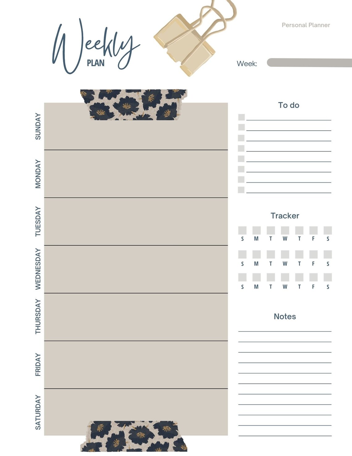 Printable Weekly Planner | Week at a Glance| Neutral Aesthetic| Black ...