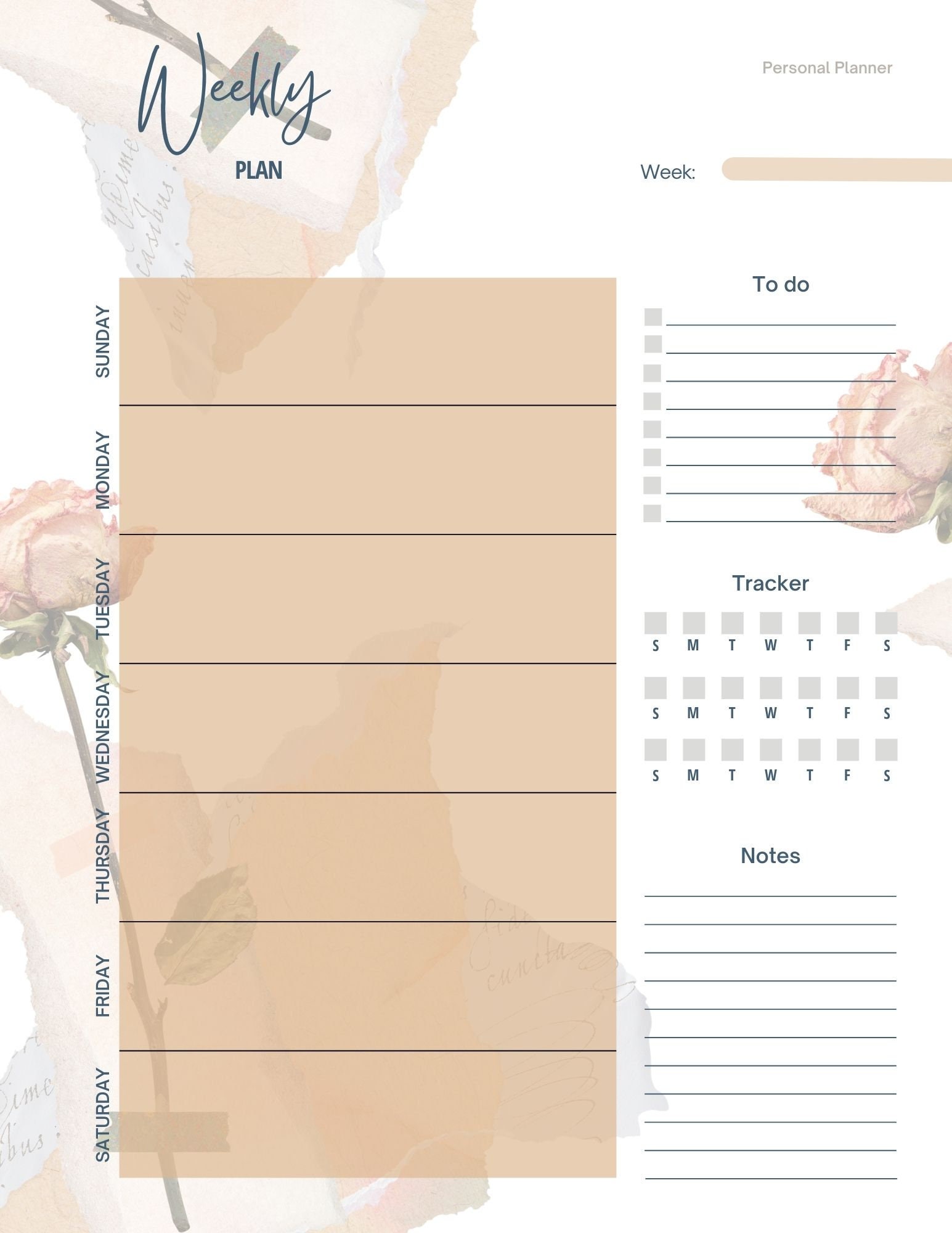 Printable Weekly Planner | Week at a Glance| Neutral Aesthetic| Rose ...