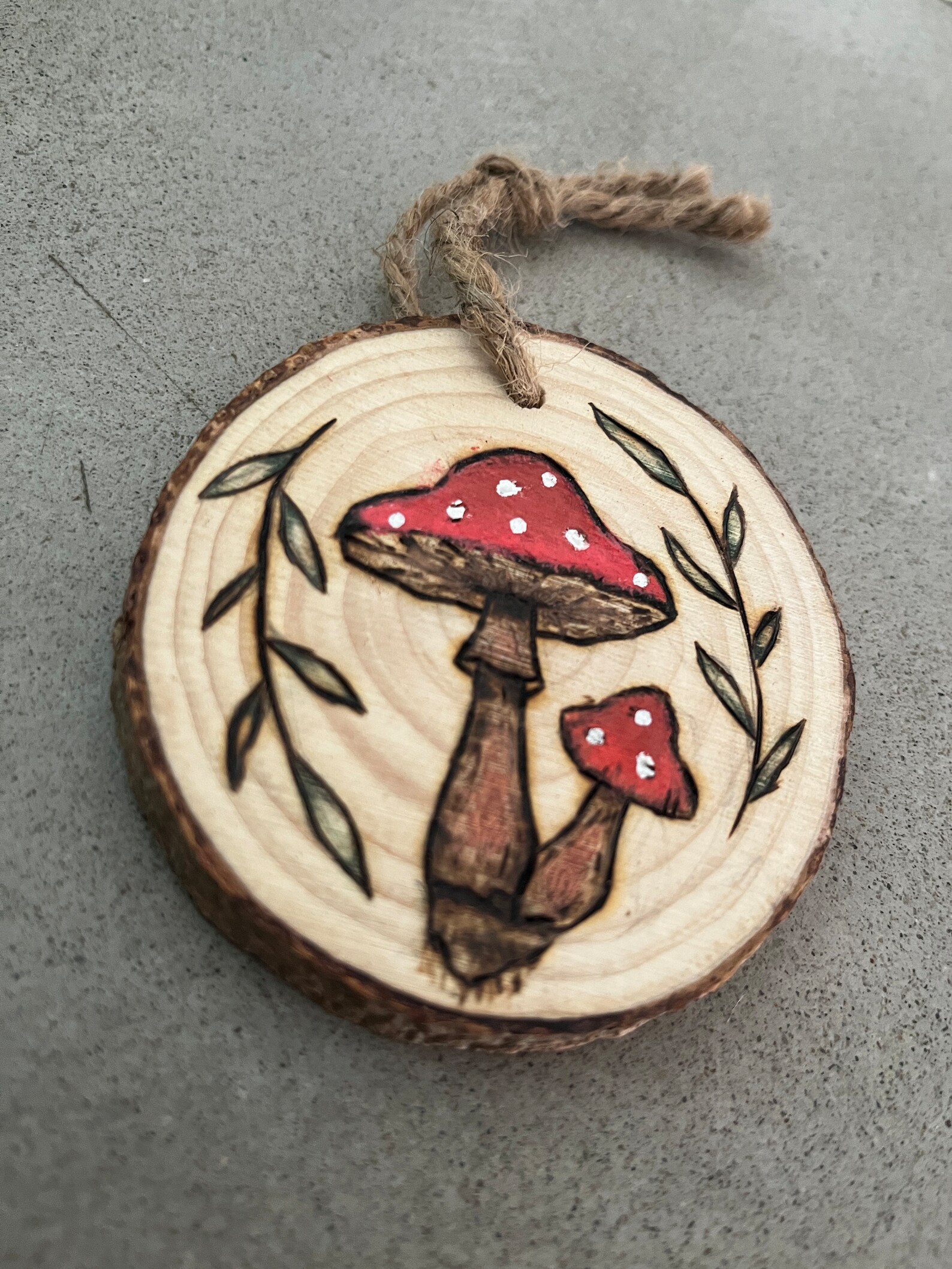 Wood Burned Painted Mushroom With Leaves on Spruce Tree Round - Etsy