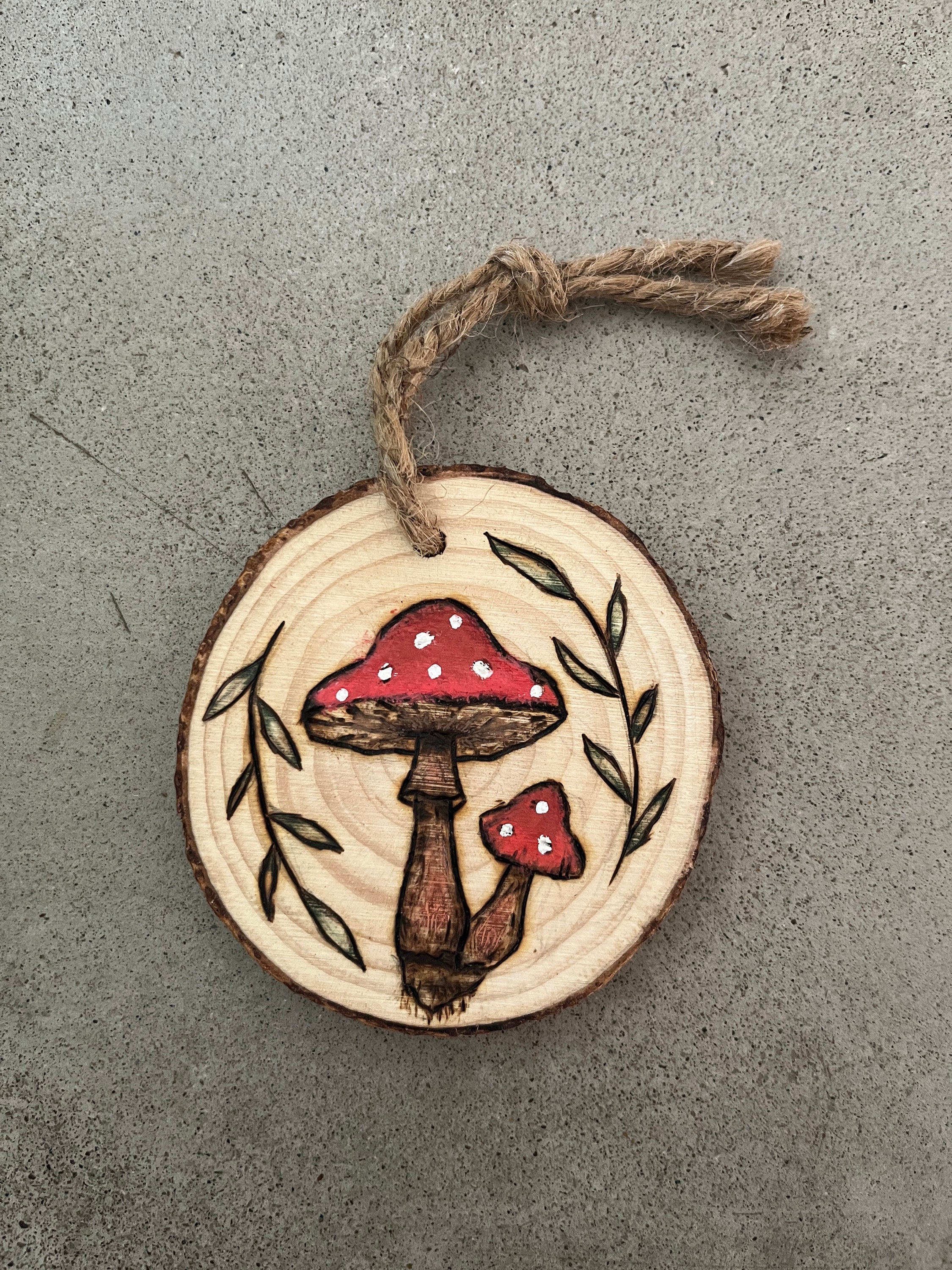 Wood Burned Painted Mushroom With Leaves on Spruce Tree Round - Etsy