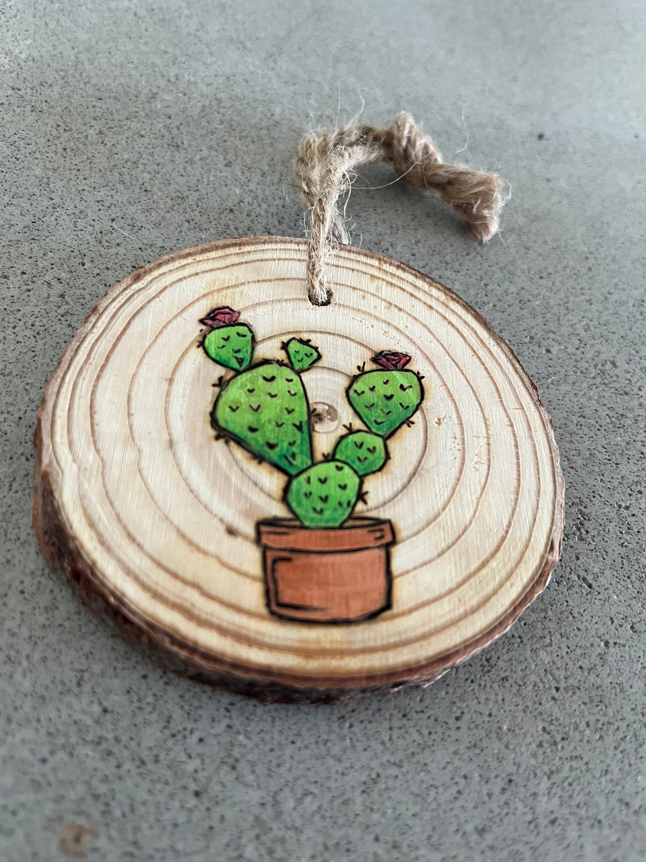 Wood Burned and Painted Cactus on Spruce Tree Round - Etsy