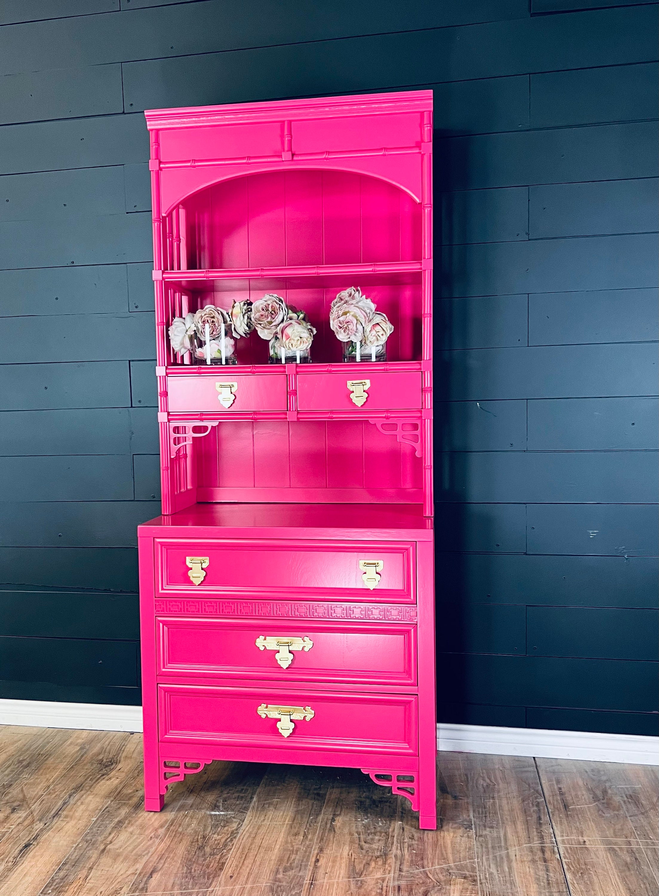 SOLD Hot Pink Bamboo Dresser Hutch | Lacquer Sideboard, Customizable - Etsy