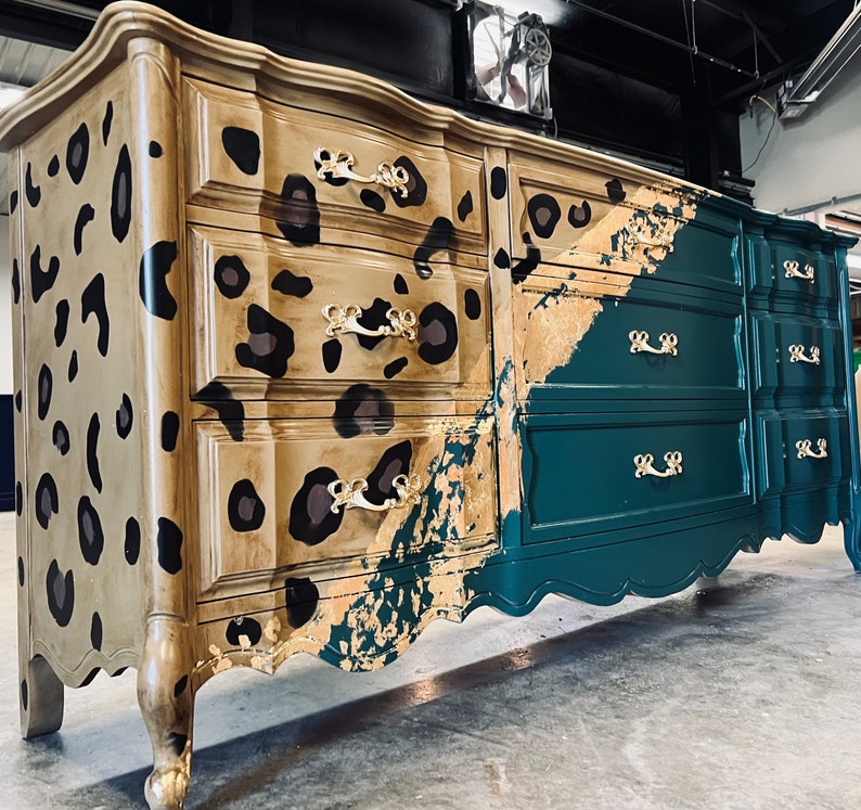 French Provincial Leopard Print Dresser, Custom Console, Vintage Buffet ...