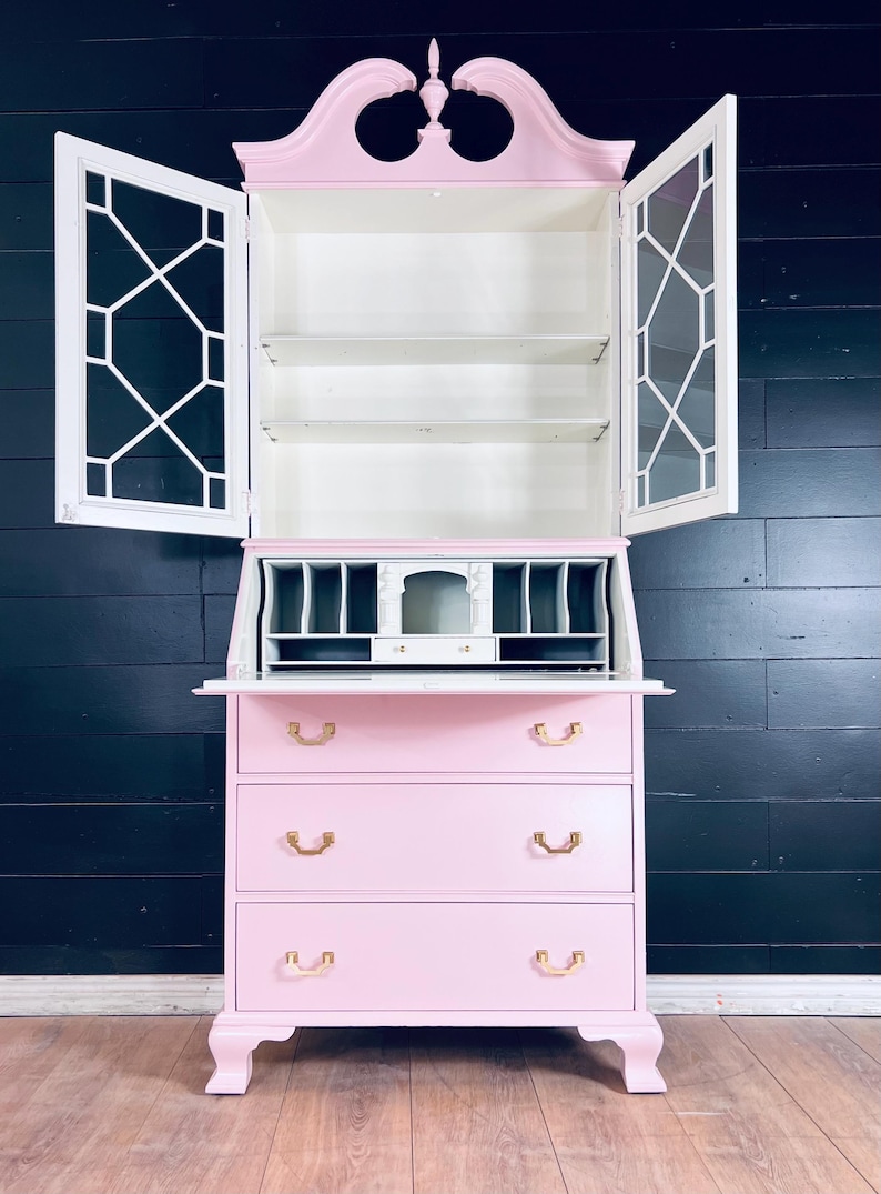 Light Pink Secretary Desk With Drawers, Solid Wood Storage Cabinet - Etsy