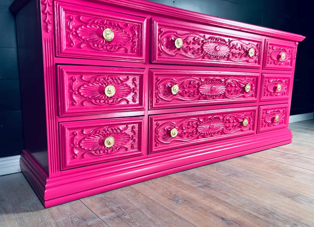 Available! Hot Pink Dresser Ornate 9 Drawer Solid Wood Console Credenza ...