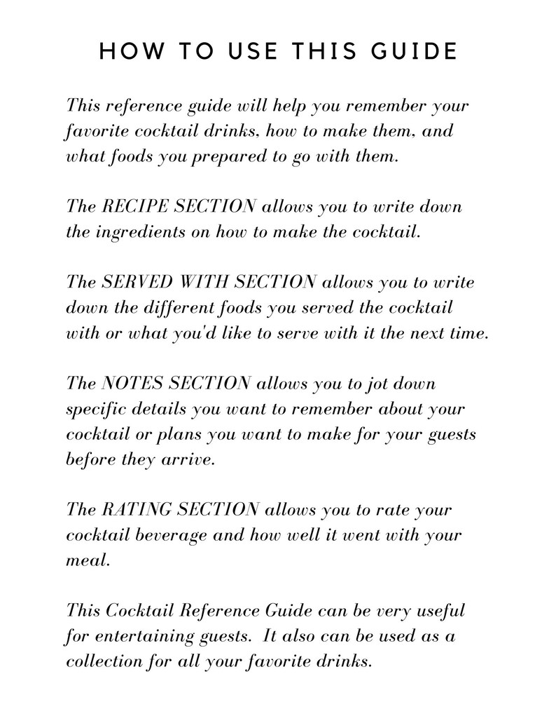 COCKTAIL REFERENCE GUIDE Pdf, Digital Download, Cocktail Drinks ...