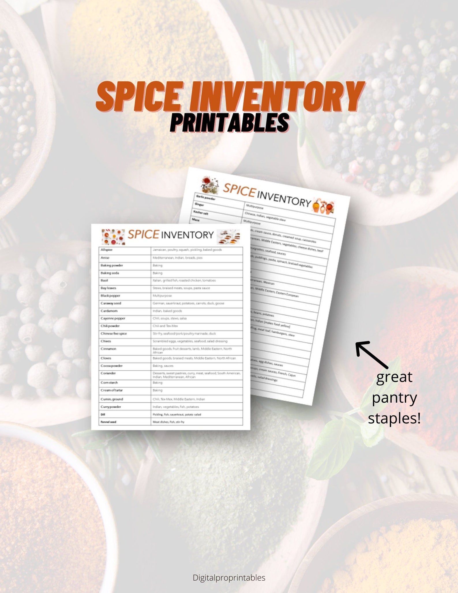 SPICE INVENTORY Pdf PRINTABLES, Seasonings, Seasoned Meals, Pantry ...