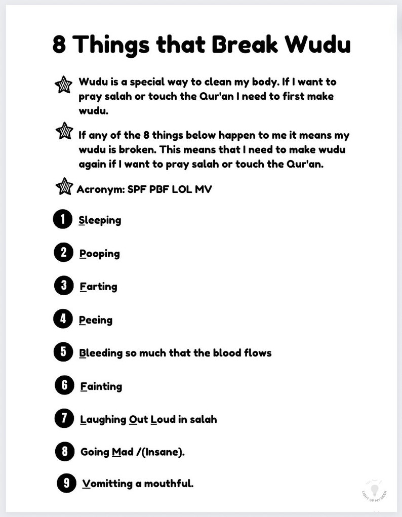 Black and White Wudu Checklist for Kids Step by Step Things That Break ...