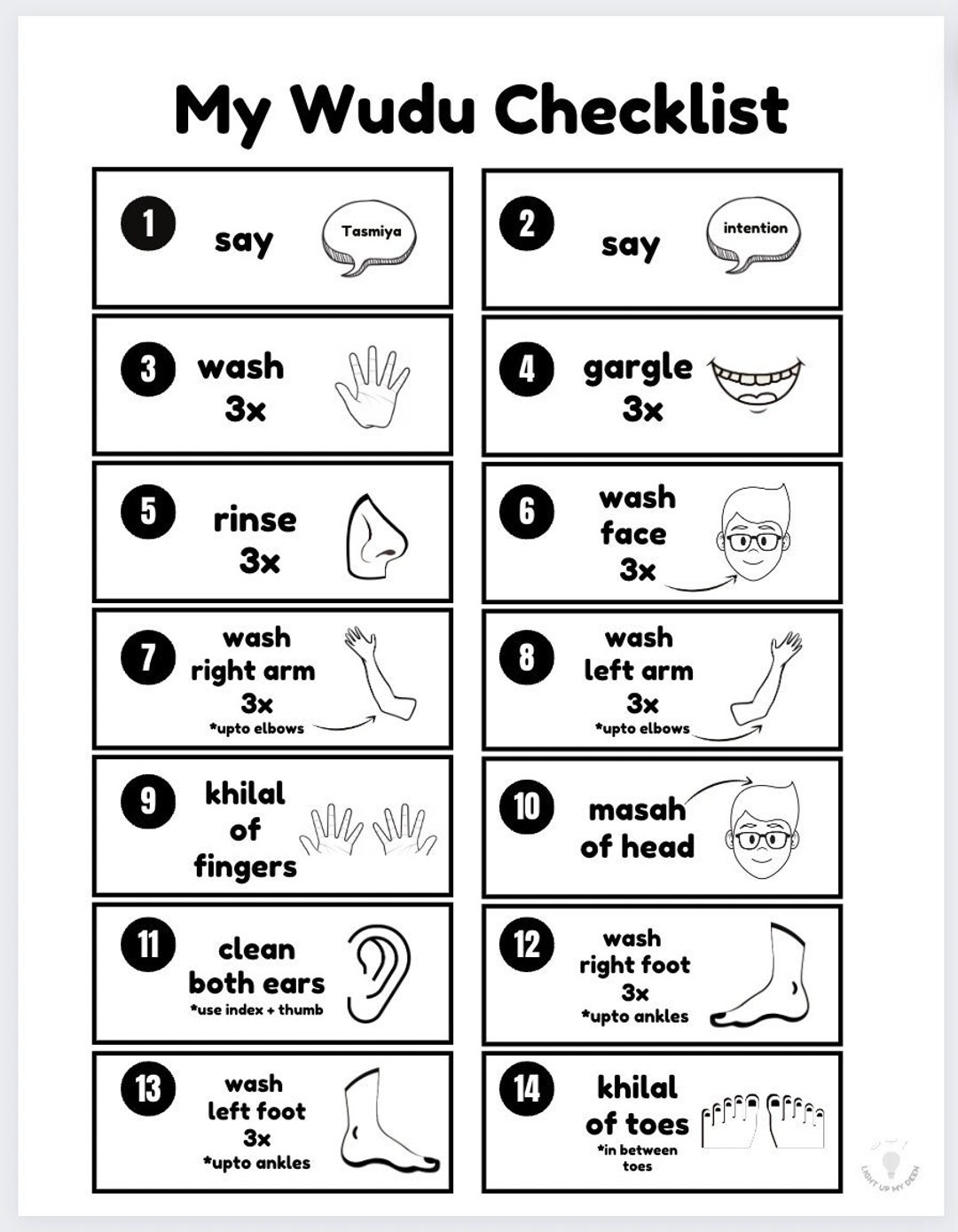 Black and White Wudu Checklist for Kids Step by Step Things That Break ...
