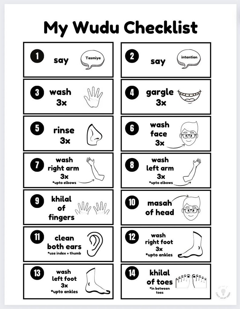 Black and White Wudu Checklist for Kids Step by Step Things That Break ...