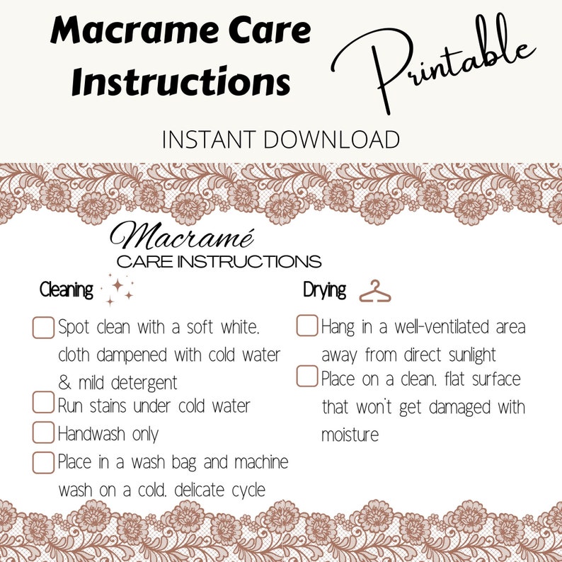 Macramé Care Card Instructions Printable PDF Pattern for Handmade Small ...