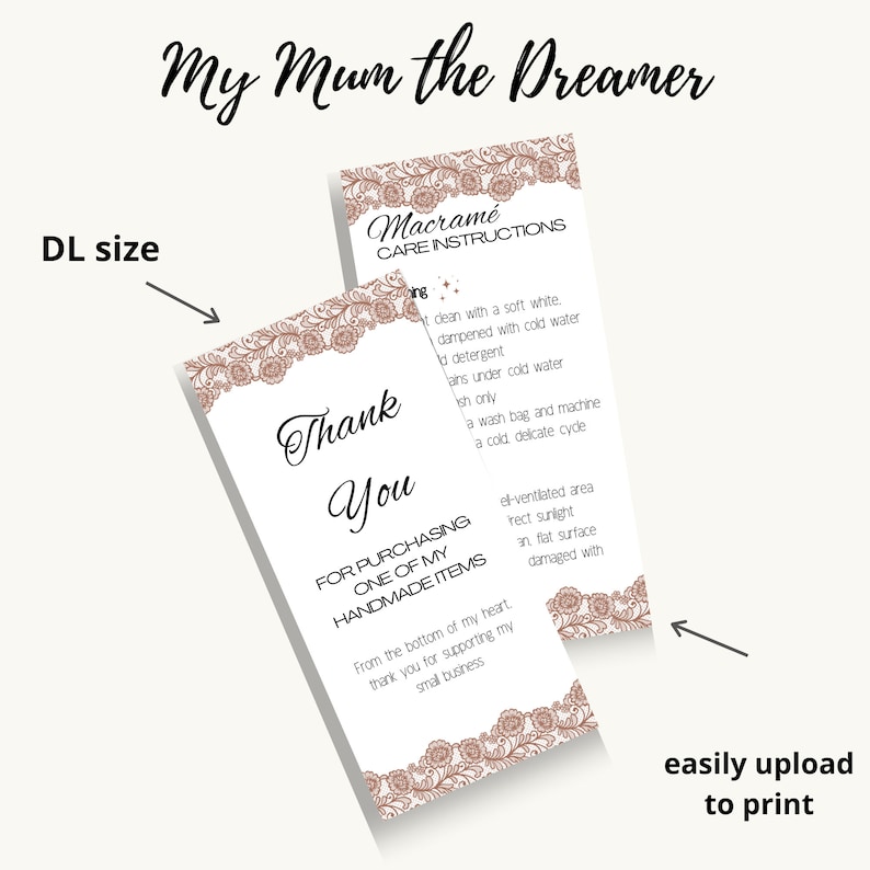 Macramé Care Card Instructions Printable PDF Pattern for Handmade Small ...