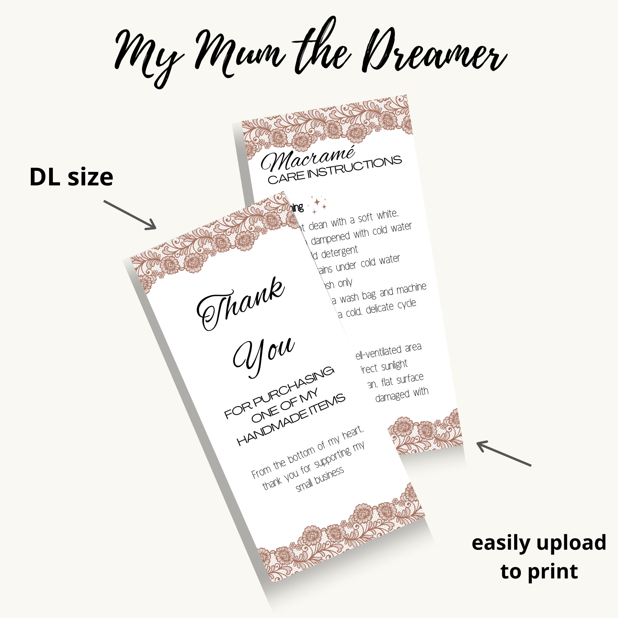 Macramé Care Card Instructions Printable PDF Pattern for Handmade Small ...