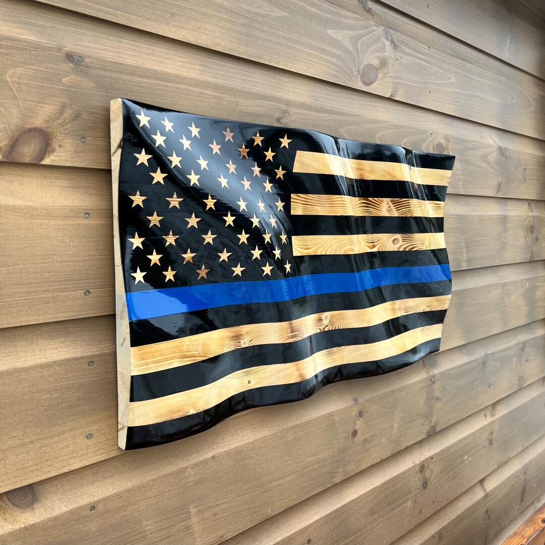 Wavy US Flag (solid Wood) Thin Blue Line - Etsy