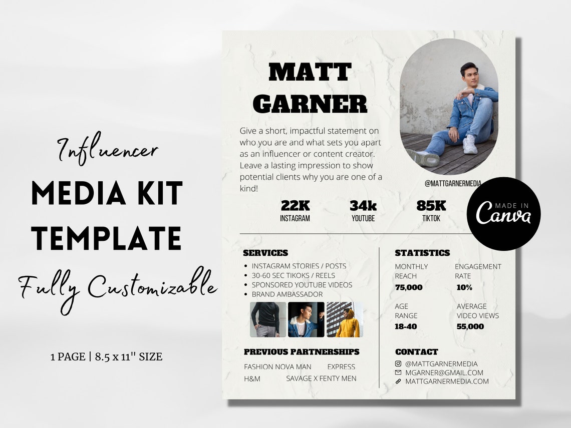 One Page Simple Media Kit Template for Influencers | Content Creator ...