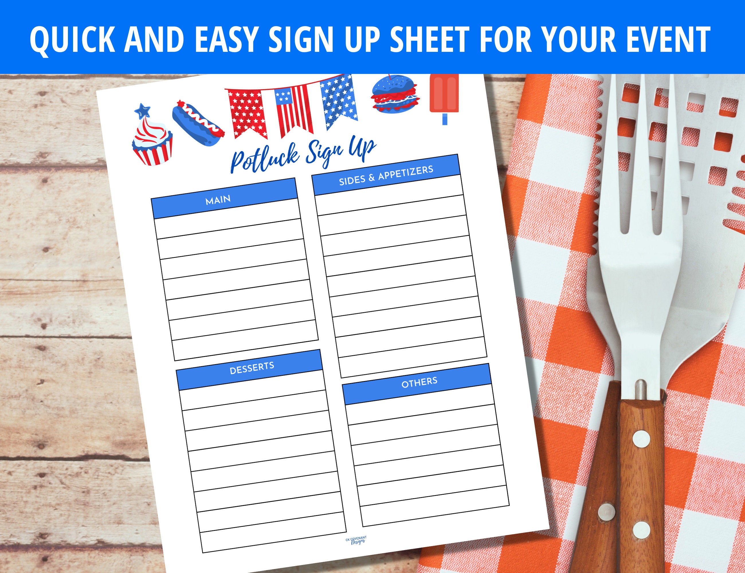Fourth of July Sign up Sheet, Sign up Sheet, Potluck Sign Up, Food Sign ...