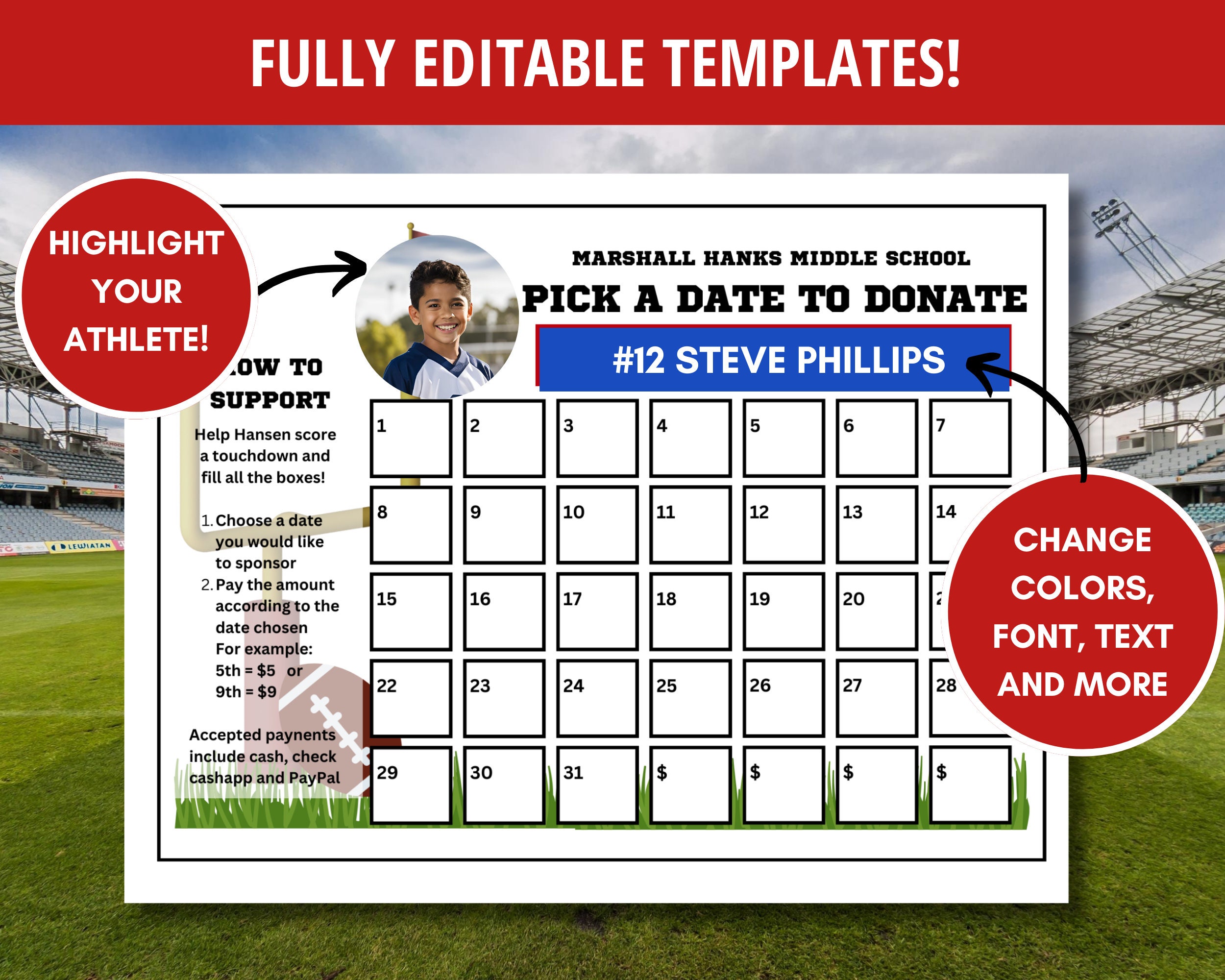 Football Fundraiser, Editable, Pick a Date to Donate Printable ...