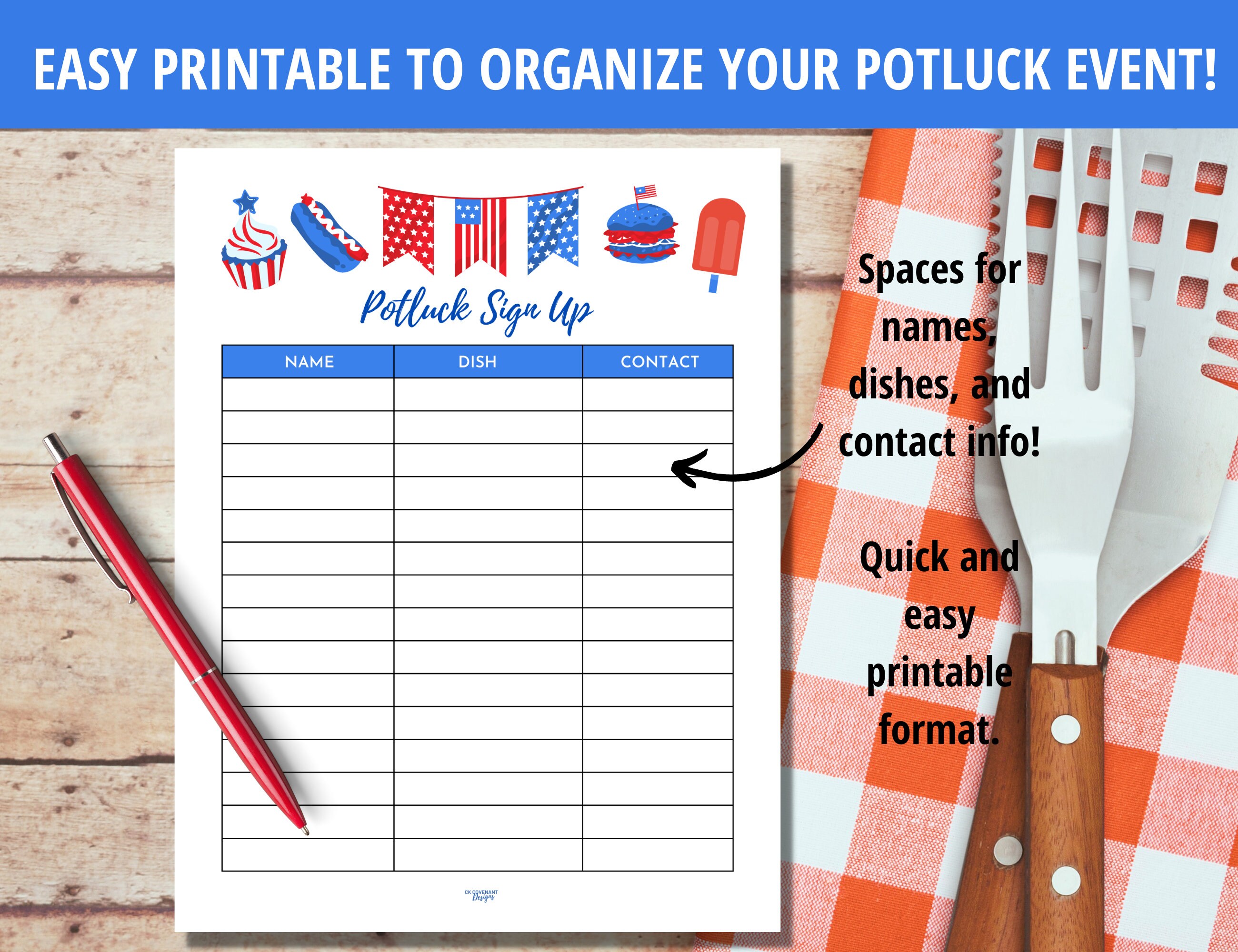 Fourth of July Sign up Sheet, Sign up Sheet, Potluck Sign Up, Food Sign ...