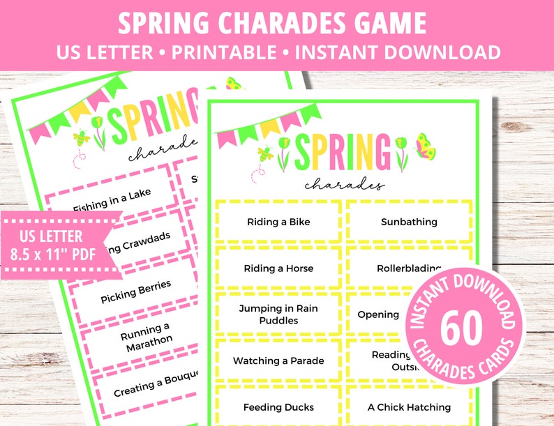 Printable Charades, Charades Cards, Spring Charades Action Cards, Party ...