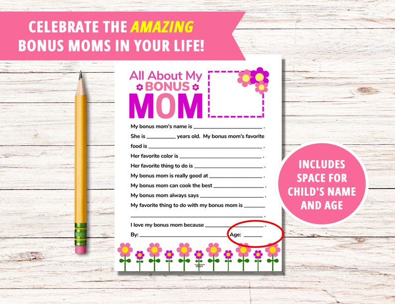 All About My Bonus Mom, Mother's Day Gift, All About My Mom Printable ...