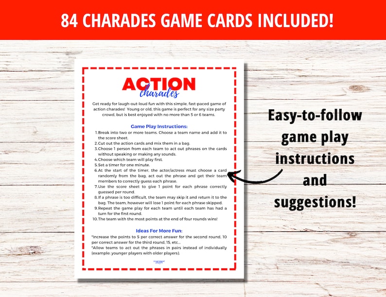 Printable Charades, Charades Cards,charades Action Cards, Party Game ...