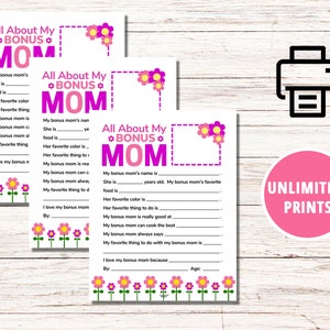 All About My Bonus Mom, Mother's Day Gift, All About My Mom Printable ...