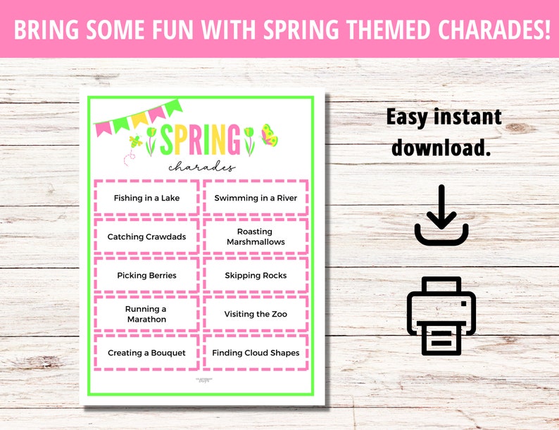 Printable Charades, Charades Cards, Spring Charades Action Cards, Party ...