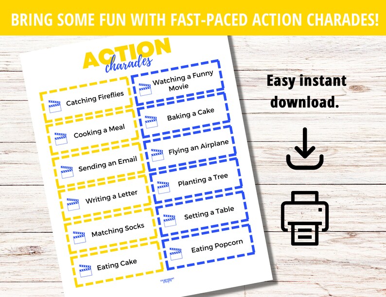 Printable Charades, Charades Cards,charades Action Cards, Party Game ...