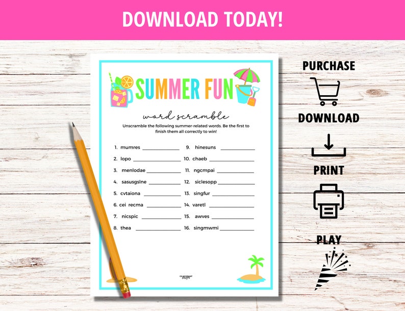 Summer Word Scramble Game Party Games Printable Summer Games - Etsy