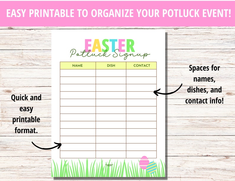 Easter Sign up Sheet, Easter Dinner Sign Up, Potluck, Potluck Template ...