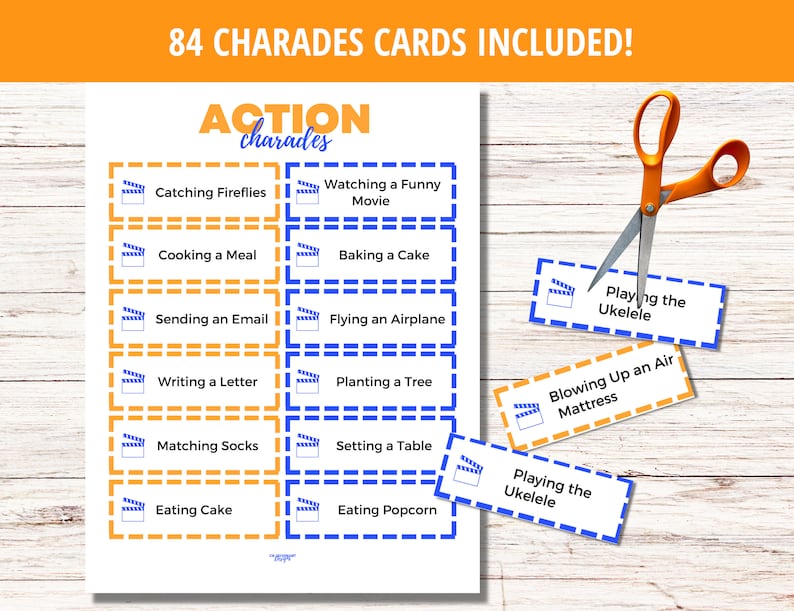 Printable Charades, Charades Cards,charades Action Cards, Party Game ...
