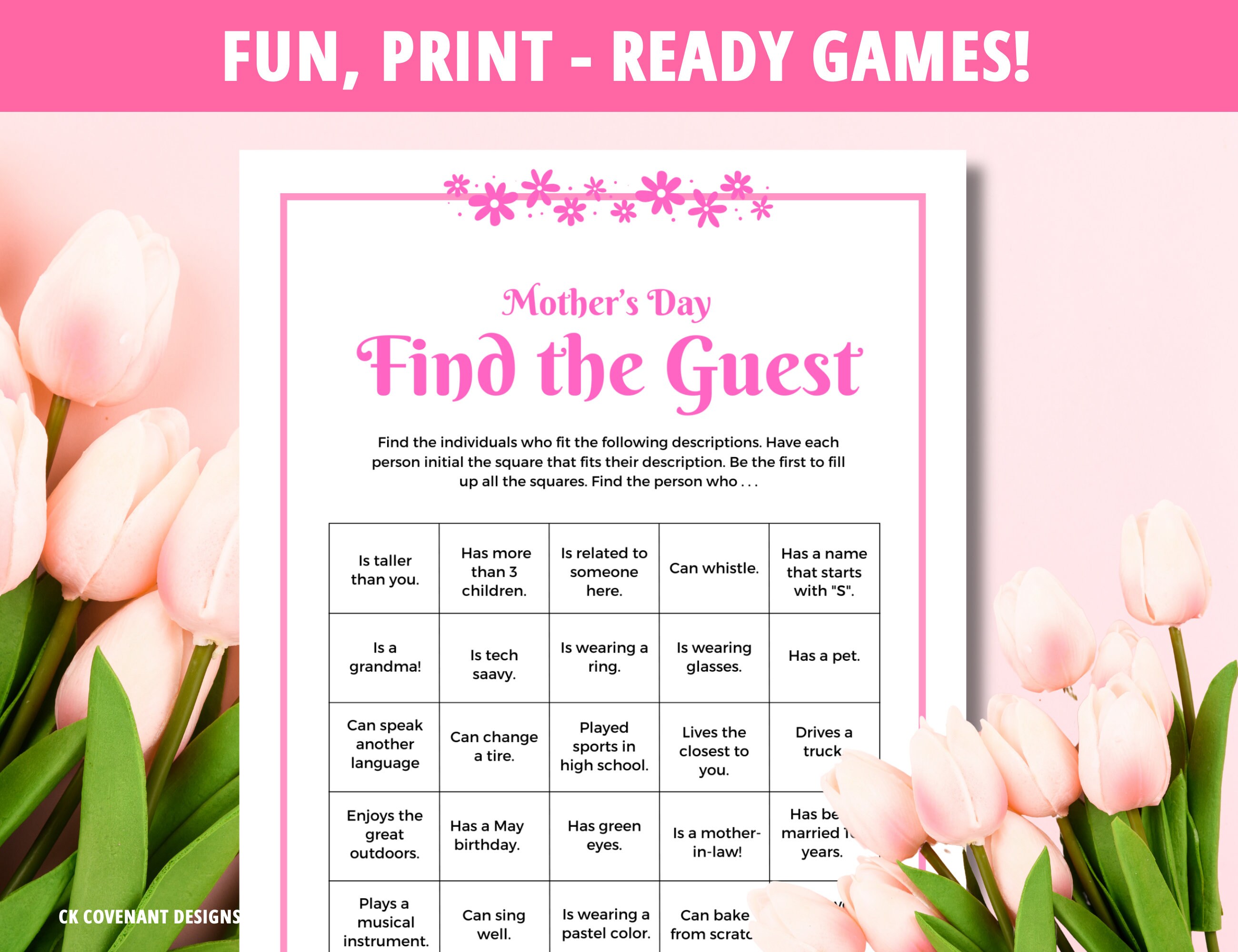 Mothers Day Find the Guest Bingo Game, Mothers Day Games Bundle ...