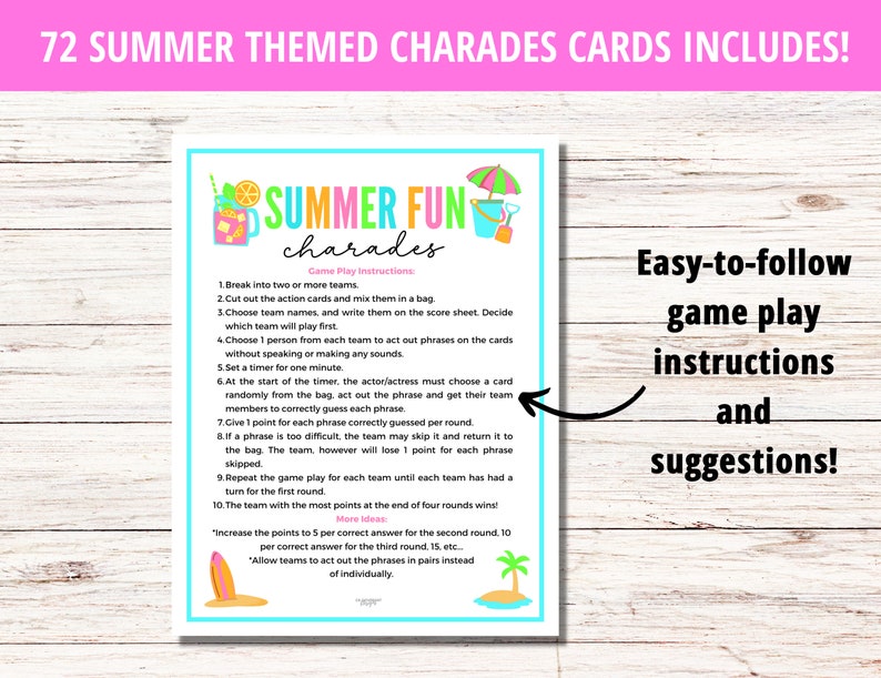 Summer Charades Cards, Printable Charades Cards, Charades for Kids ...