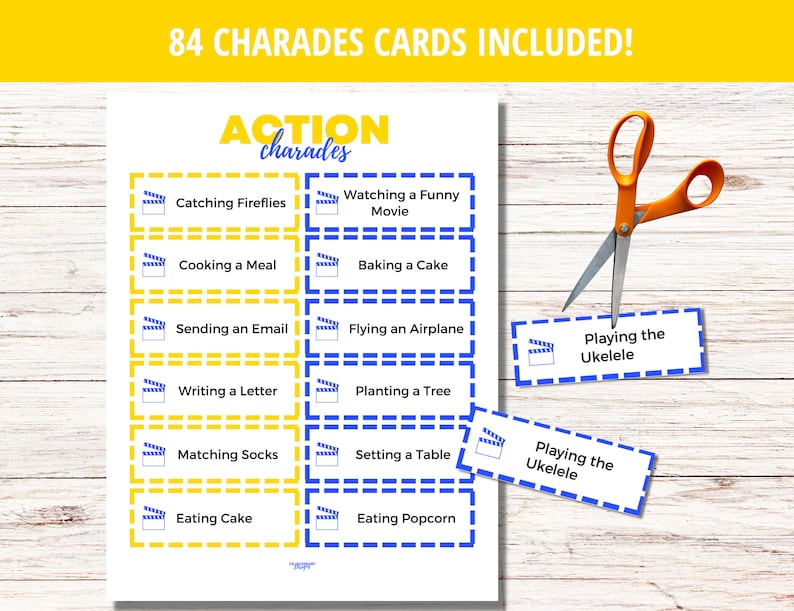 Printable Charades, Charades Cards,charades Action Cards, Party Game ...
