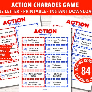 Printable Charades, Charades Cards,charades Action Cards, Party Game ...