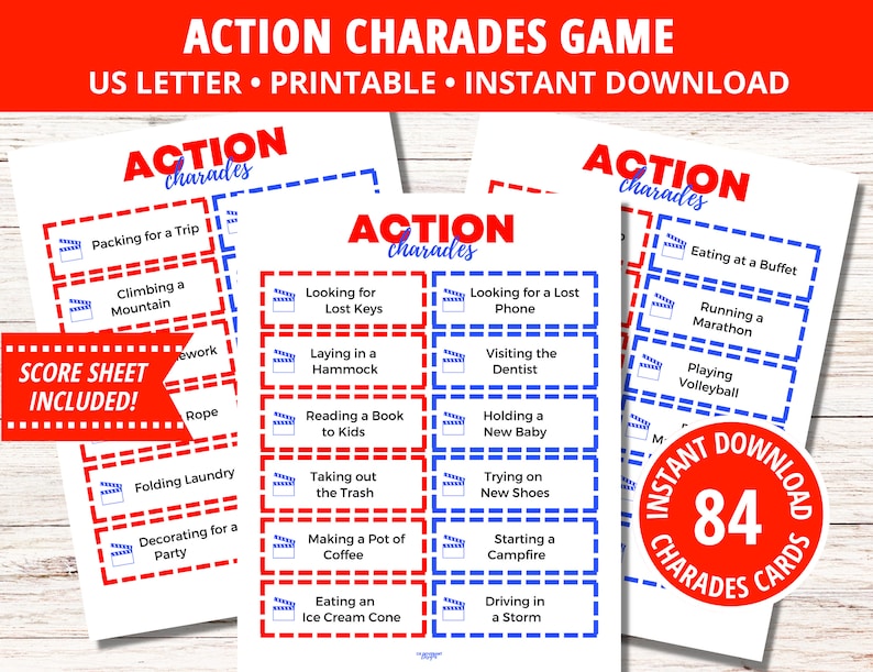 Printable Charades, Charades Cards,charades Action Cards, Party Game ...