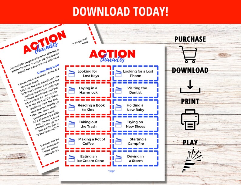 Printable Charades, Charades Cards,charades Action Cards, Party Game ...