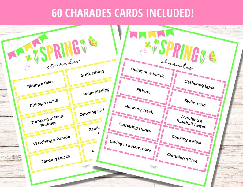 Printable Charades, Charades Cards, Spring Charades Action Cards, Party ...