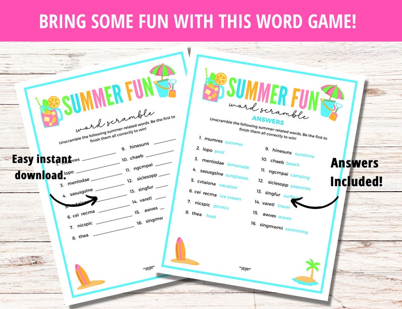 Summer Word Scramble Game Party Games Printable Summer Games - Etsy