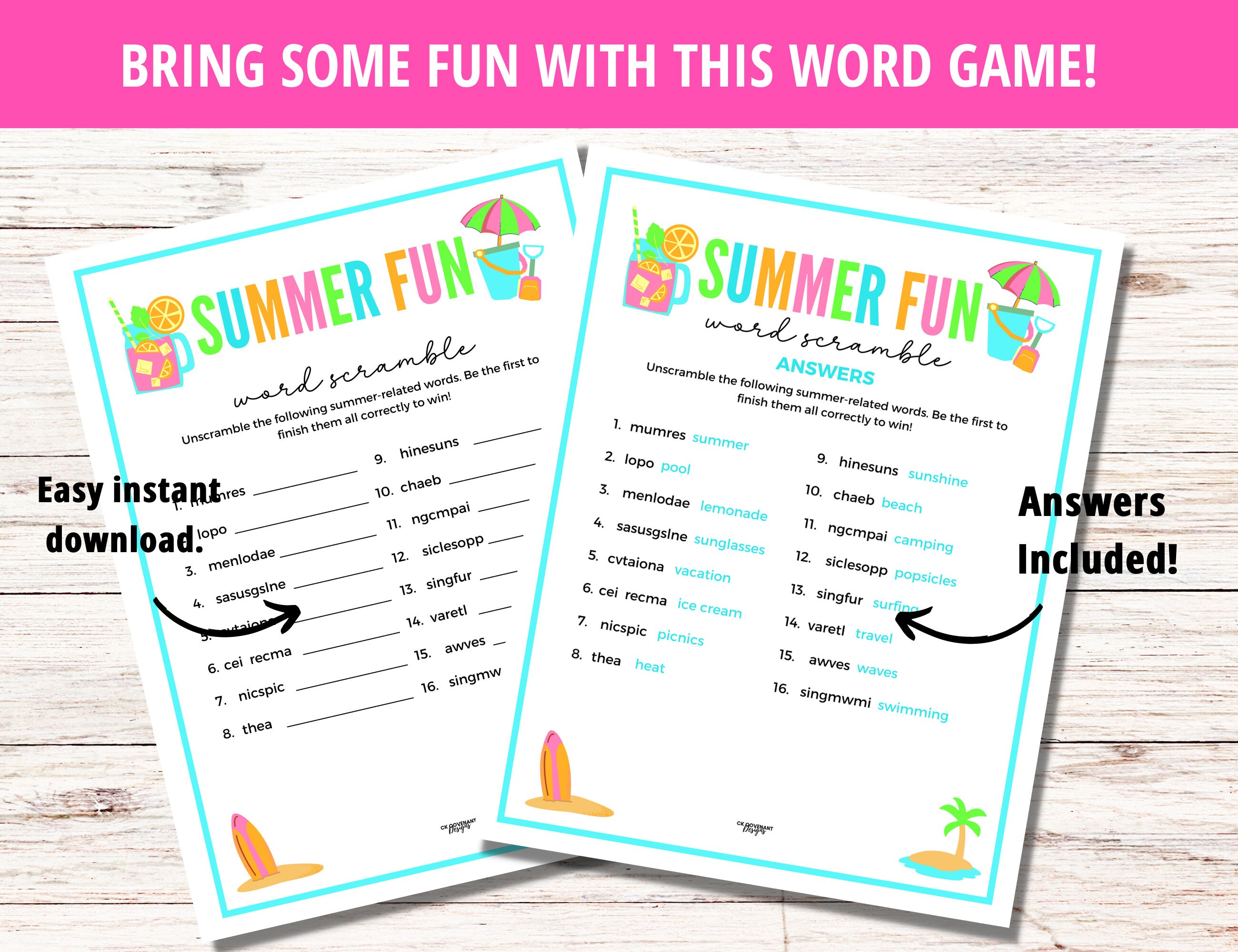 Summer Word Scramble Game, Party Games, Printable Summer Games for ...